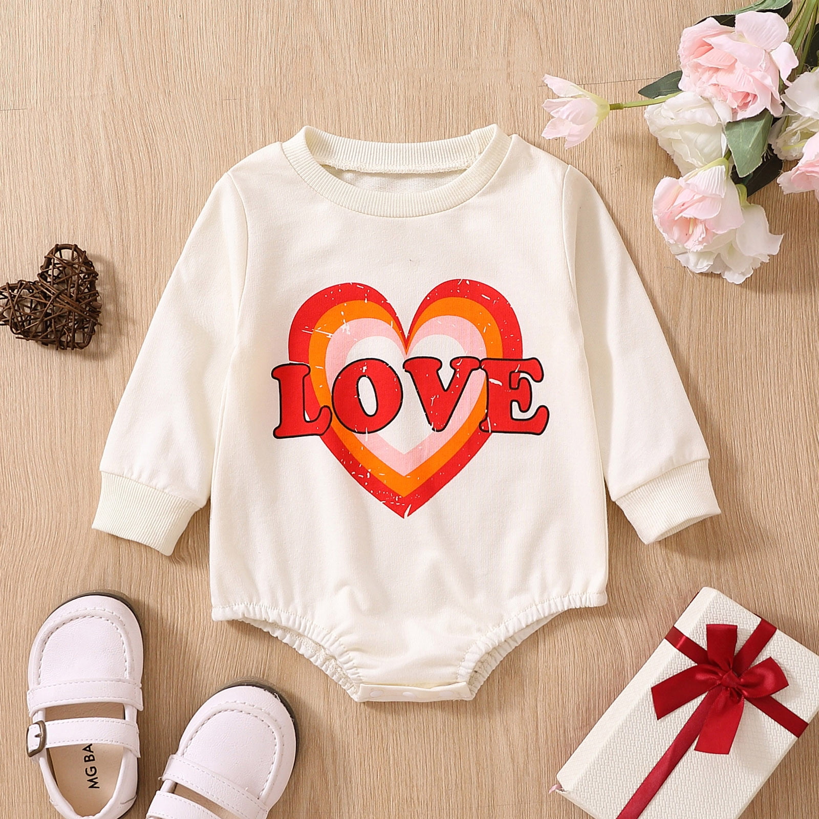 Baby Boy Girl Valentine's Day Outfits Heart Crewneck Ruffle Long Sleeve Sweatshirt Romper Cute ...