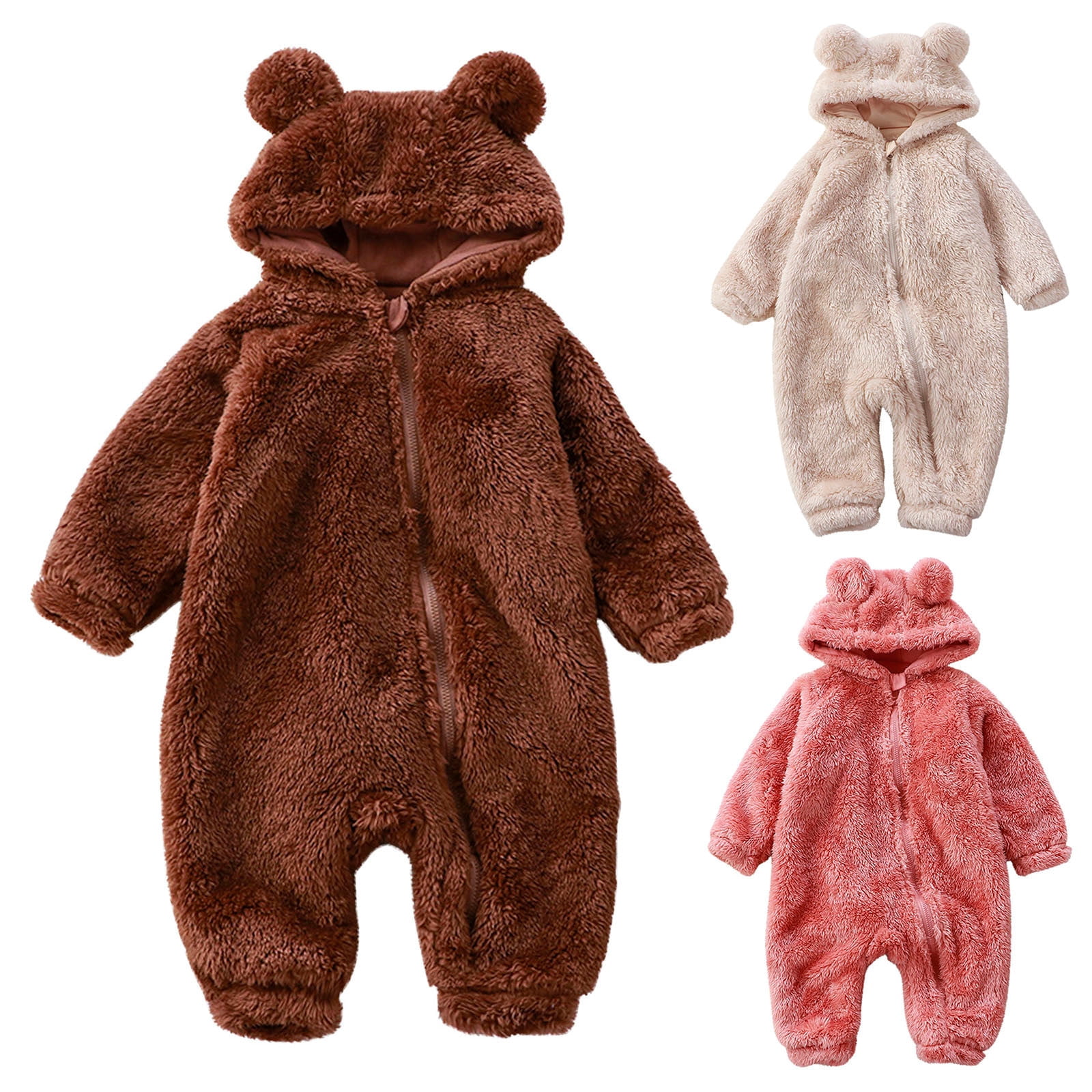 Baby Boy Girl Zipper Fleece Hooded Bear Jumpsuit with Cute Ears Fuzzy ...