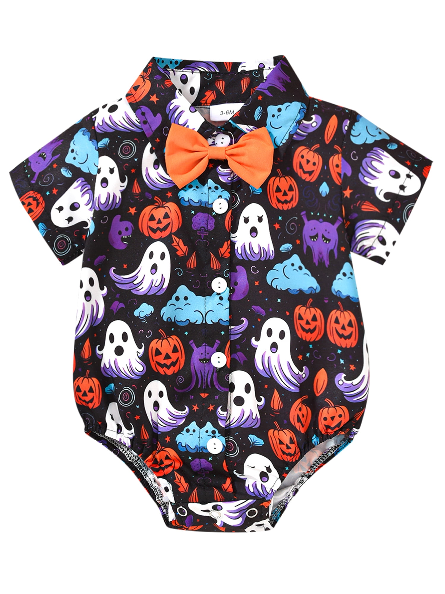 Baby Boy Halloween Bowtie Romper Pumpkin Ghost Print Lapel Collar Short Sleeve Gentleman ...