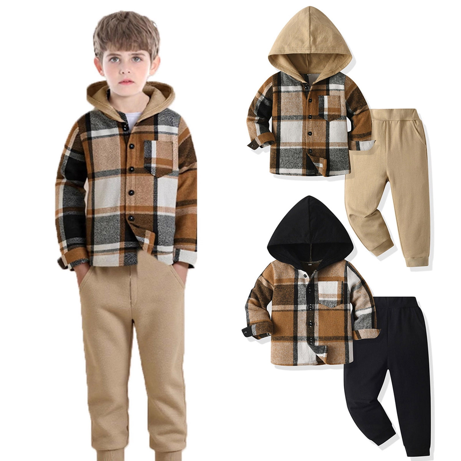 Baby Boy Outfit Boys Long Sleeve Plaid Hooded Button Shirt and Jogger ...