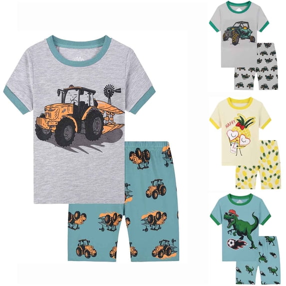 Baby Boy Outfit Toddler Kids Cartoon Print Short Sleeve and Grid Shorts ...