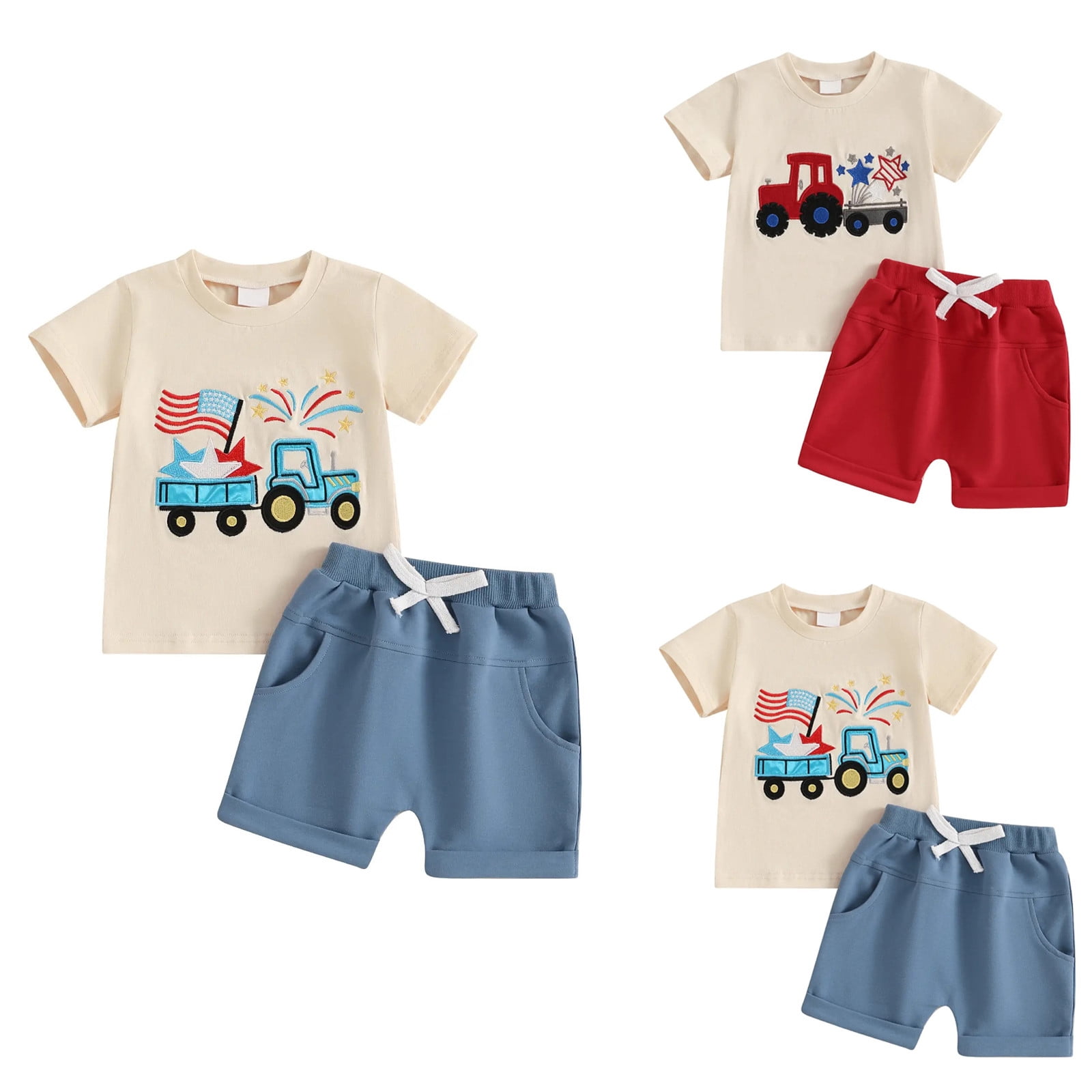 Baby Boy Outfits Kids Patriotic Truck Embroidery Short Sleeve and ...