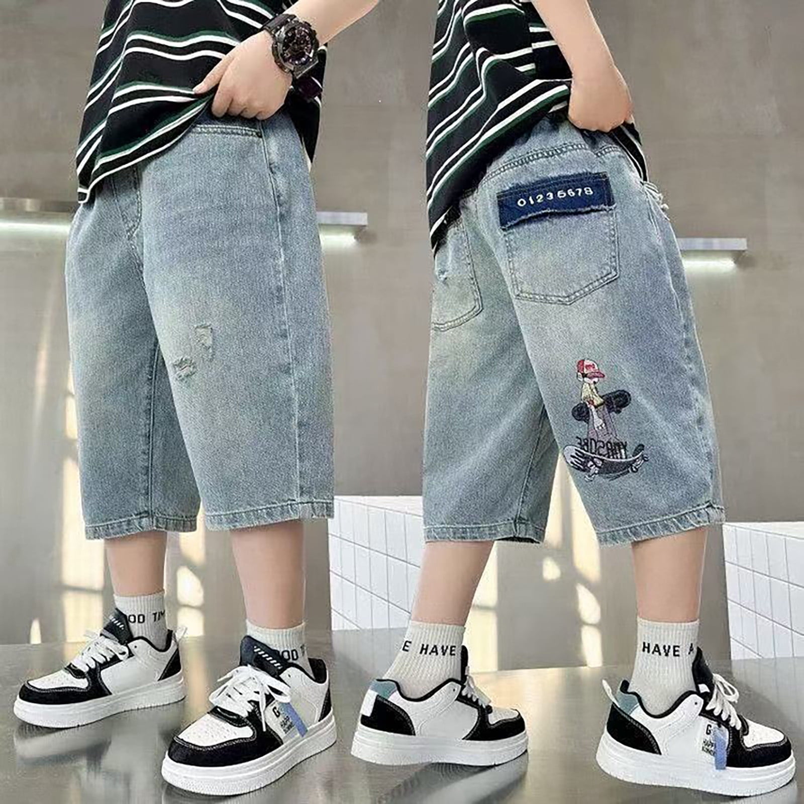 Baby Boy Pants Loose Fit Graphic Print Pocketed Elastic Waist Denim ...