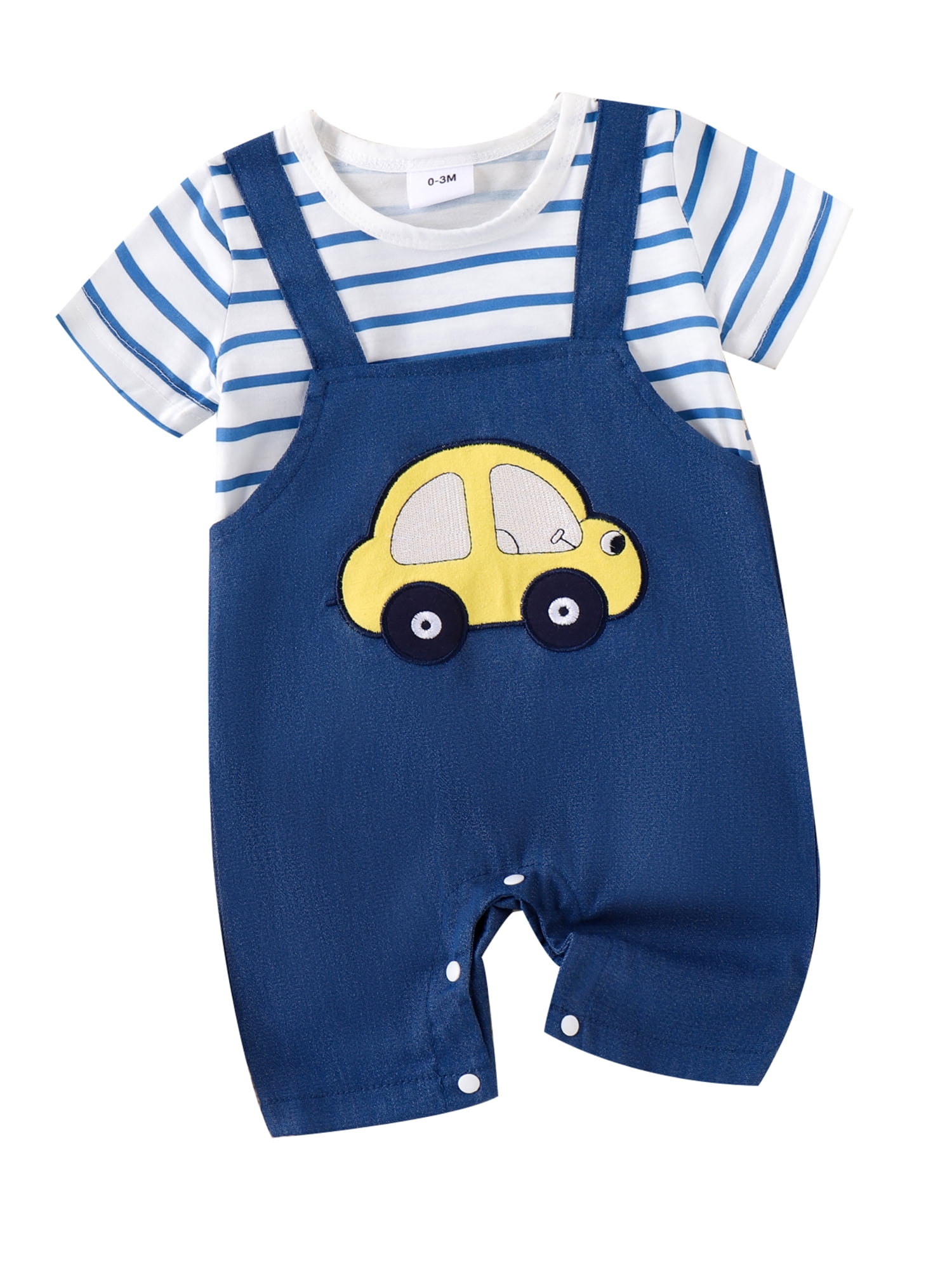 Baby Boy Short Sleeve Romper Round Neck Striped Car Patch Fake Two ...