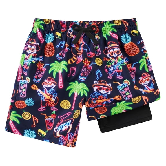 Baby Boy Swimsuit Cool Guitar Cat Print Elastic Waist Double Layer Swim ...