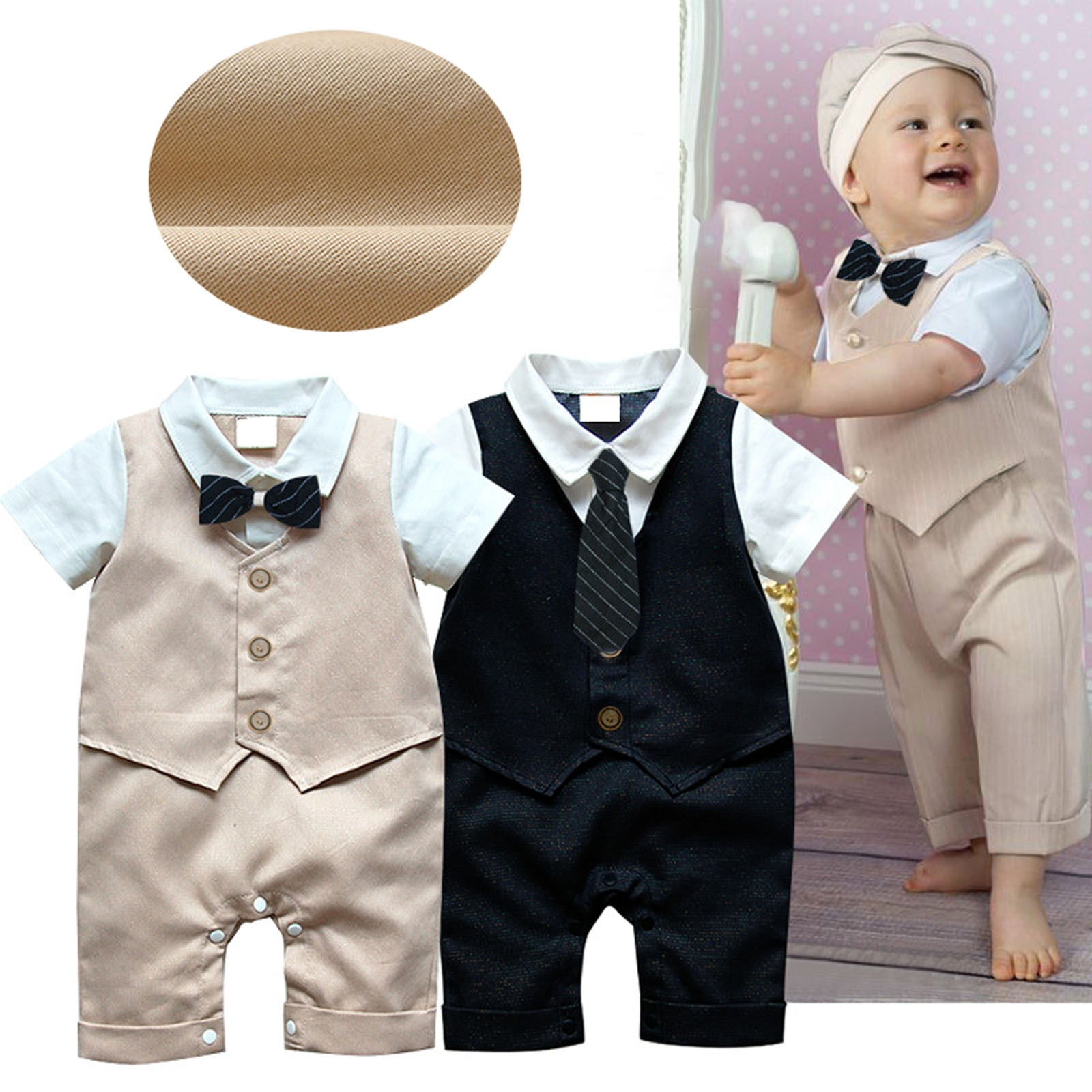 Baby Boy Tuxedo Romper Formal Vest & Bow Tie/Tie Design Short Sleeve ...