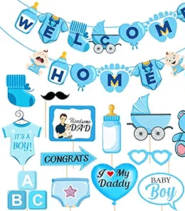 Baby Boy Welcome Home Decoration Kit Banner with Photo Booth Props for ...
