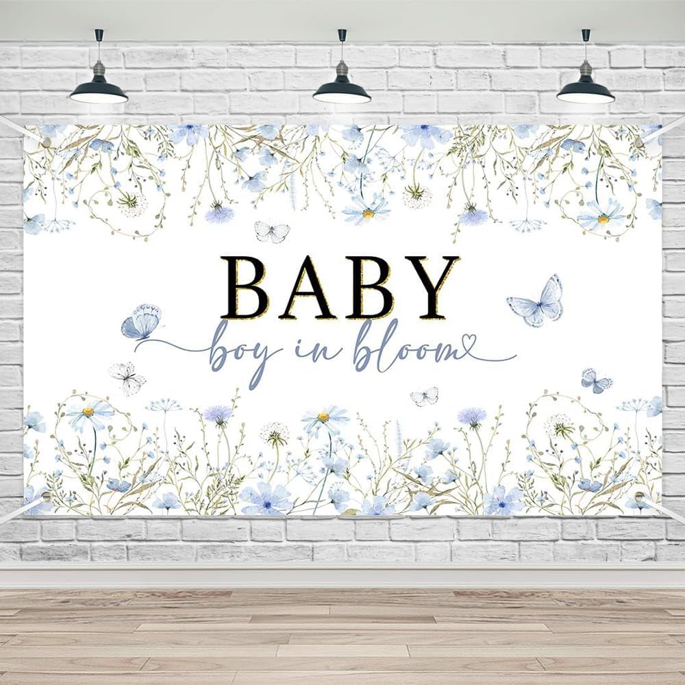 Baby Boy in Bloom Baby Shower Backdrop Banner Blue Boho Flower Gender ...