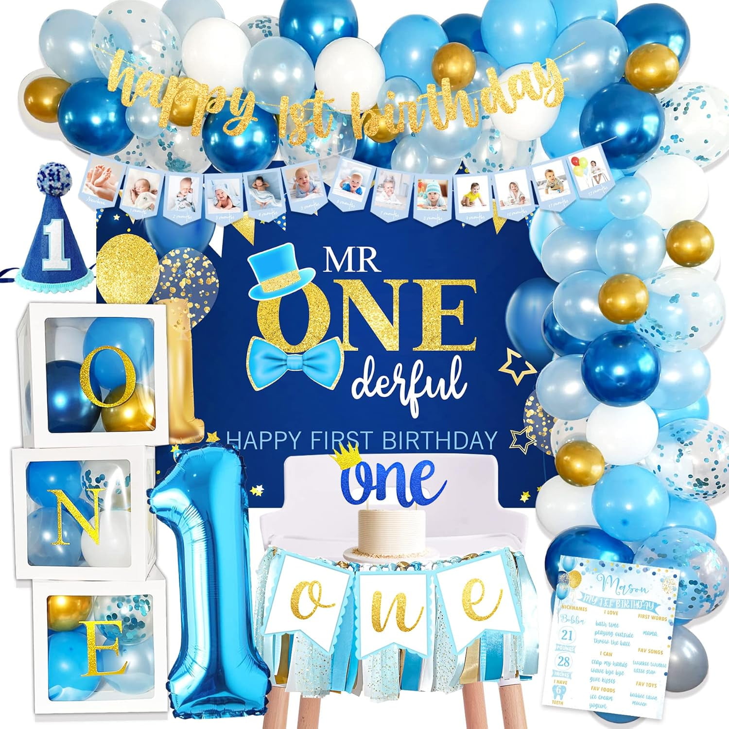 Baby Boy’s First Birthday Party Decoration Set (Including Balloons ...