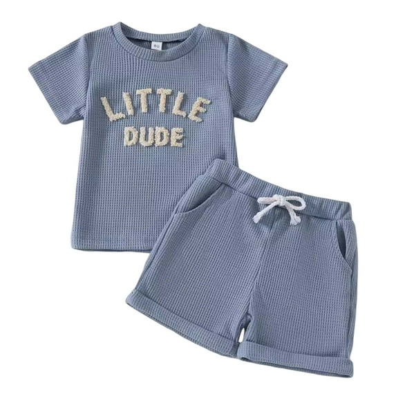 Baby Boy's Summer Waffle Knit Outfit Set - Short-Sleeved Letter Print T ...