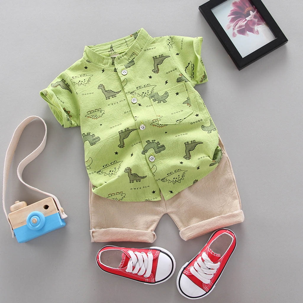 Baby Boys Dinosaur Print Outfit Set – Short Sleeve Button Down Shirt ...