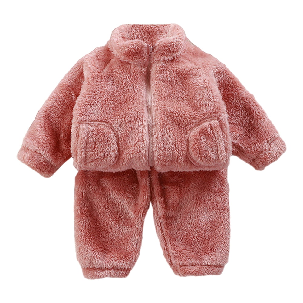 Baby Boys Girls Plush Zip-Up Top Jacket Coat With Pants Suit 2-Piece ...