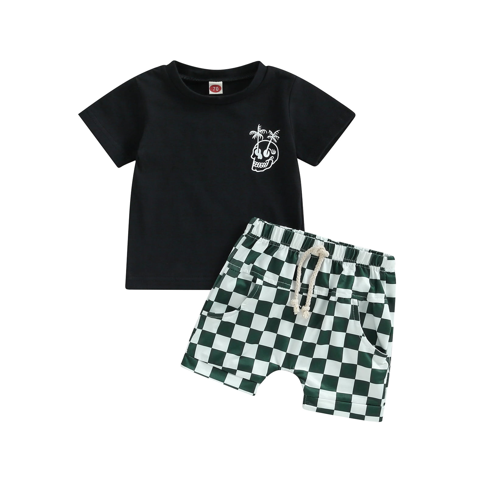 Baby Boys Shorts Set, Short Sleeve Skull Print T-shirt with Plaid ...