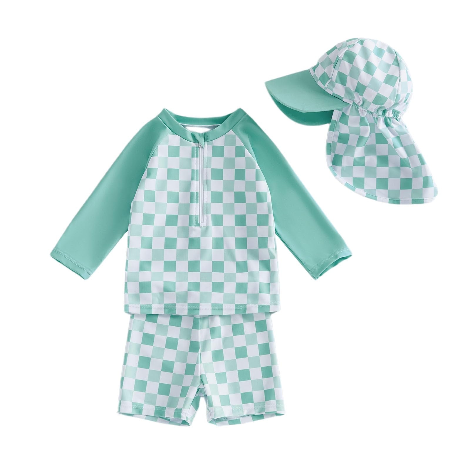 Baby Boys Swimsuit Summer Plaid Print Long Sleeve Rash Guard Swim Trunk ...