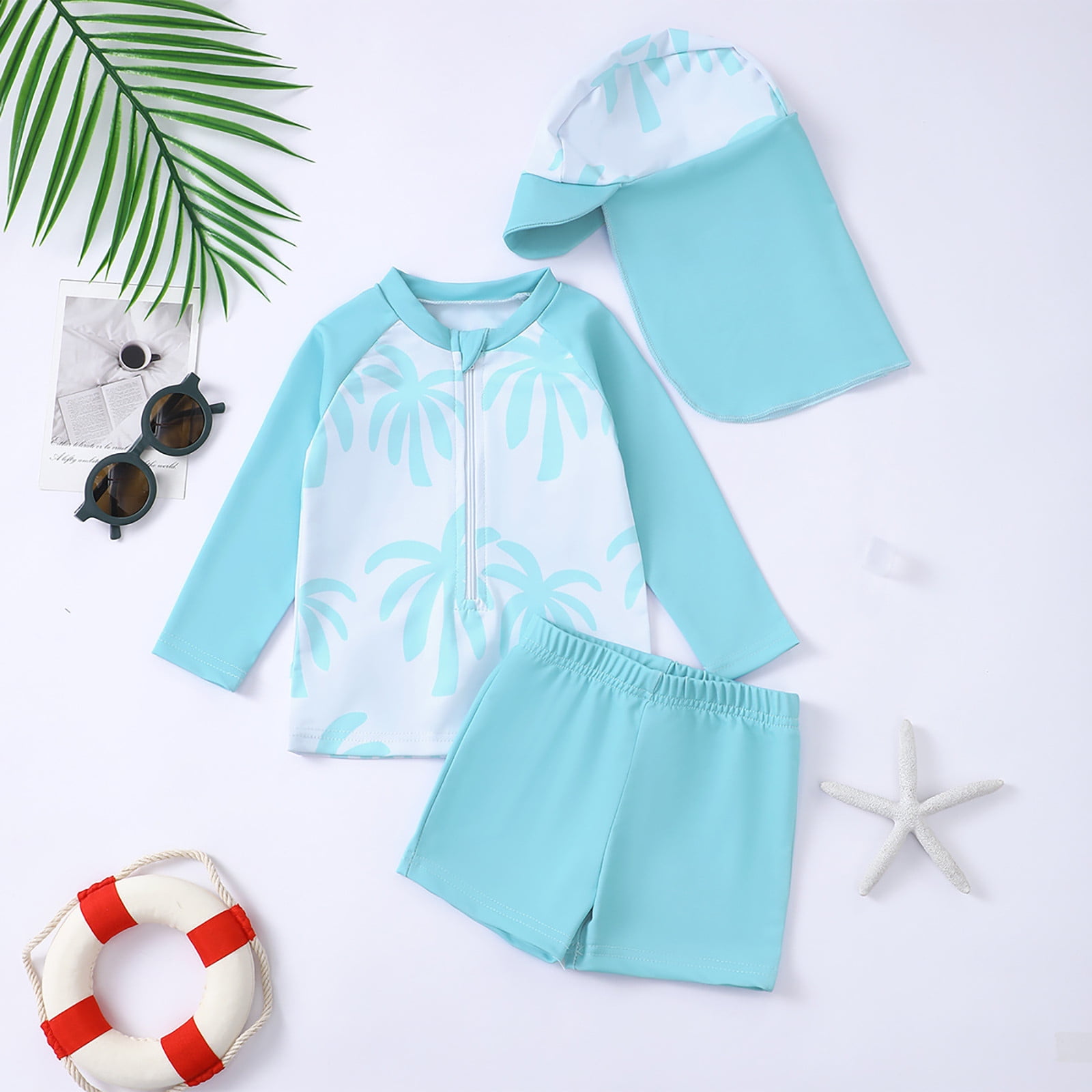 Baby Boys Swimwear Set Tropical Print Swim Trunks Rash Guard Hat 3 ...