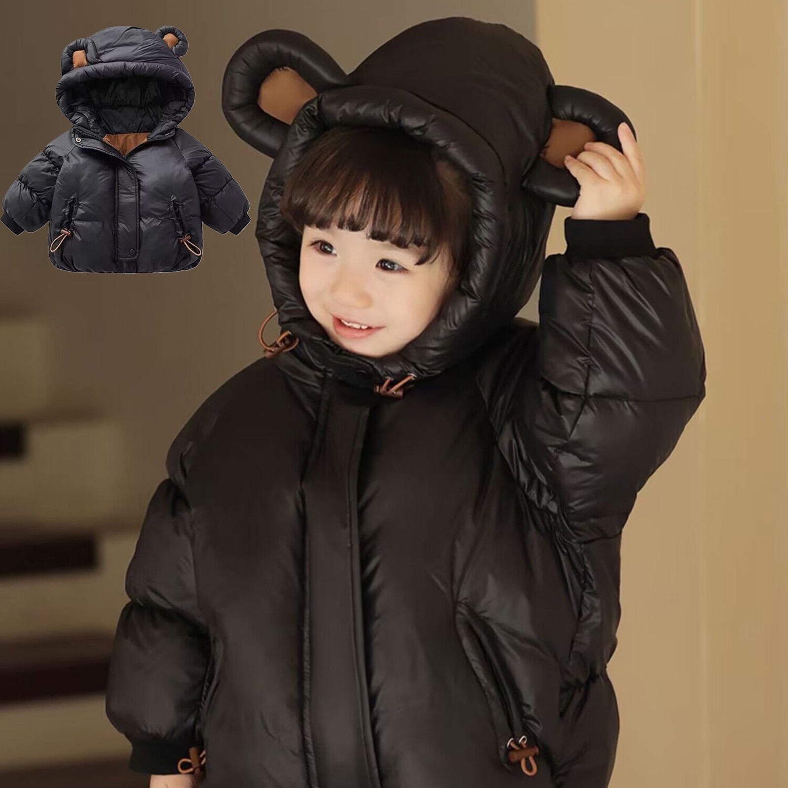 Baby Boys Winter Coat Little Boys Girls Puffer Coat Baby Hoodie with Black Bear Ear Thicken ...