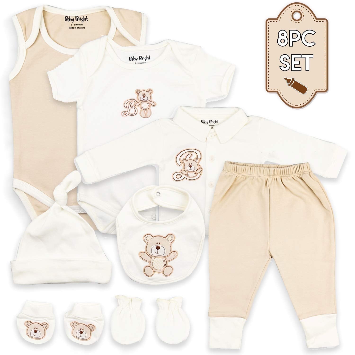 Baby Bright Newborn 100% Cotton Layette Gift Set, 8pc Beige Teddy, 0-3 ...