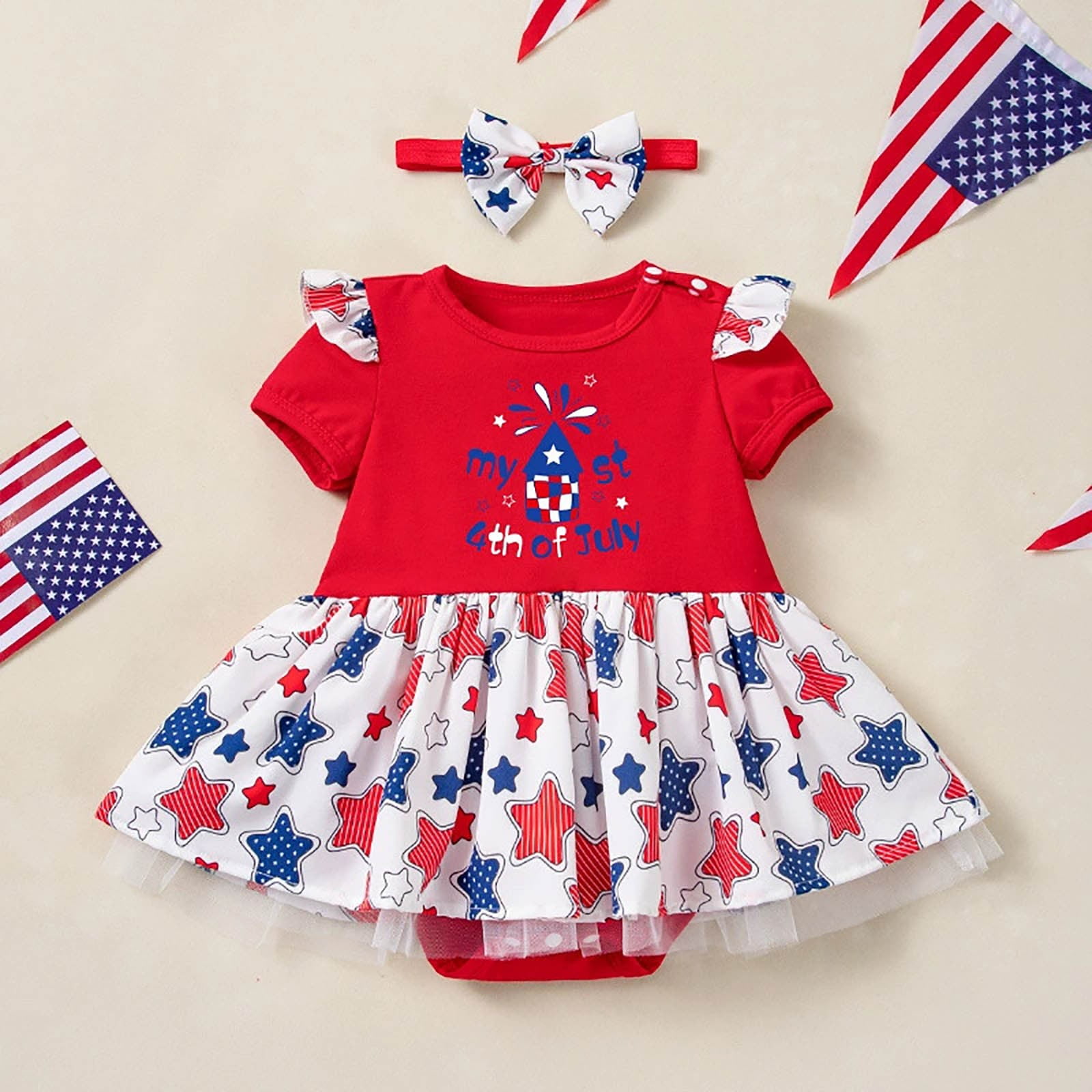 Baby Bubble Romper Baby Girls Summer Independence Day Theme Star Print Casual Jumpsuit with ...