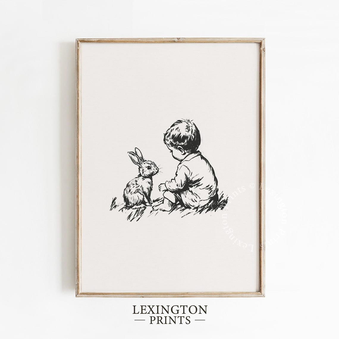 Baby & Bunny Nursery Print, Nursery Wall Art, Kids Room Sketch, Vintage ...