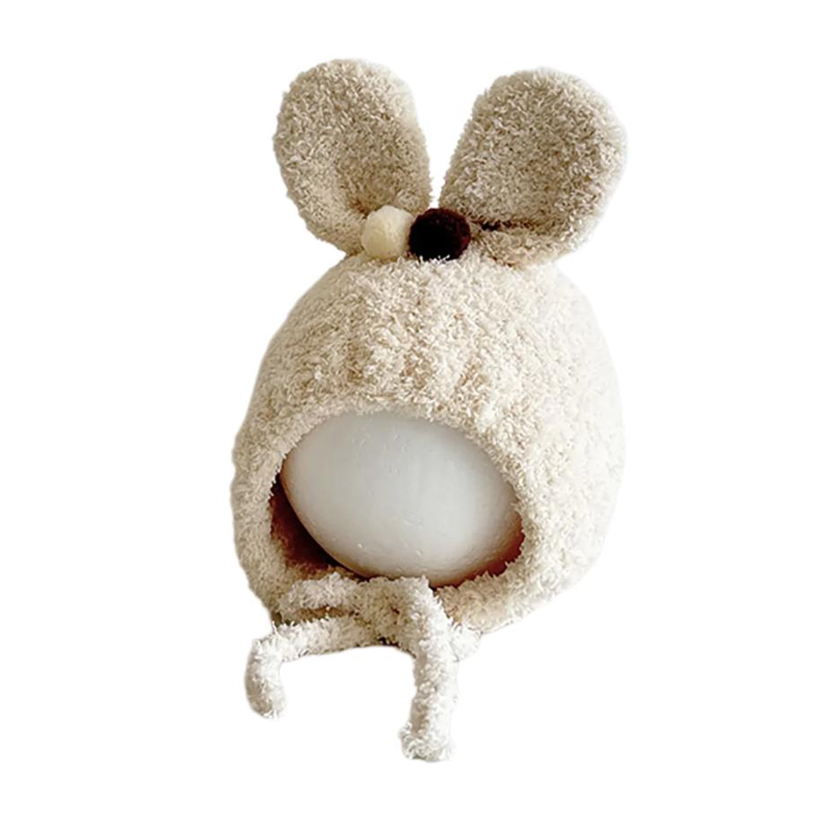 Baby Caps with Tie Warm Lining Furry Pompoms Rabbits Ears Hat ...