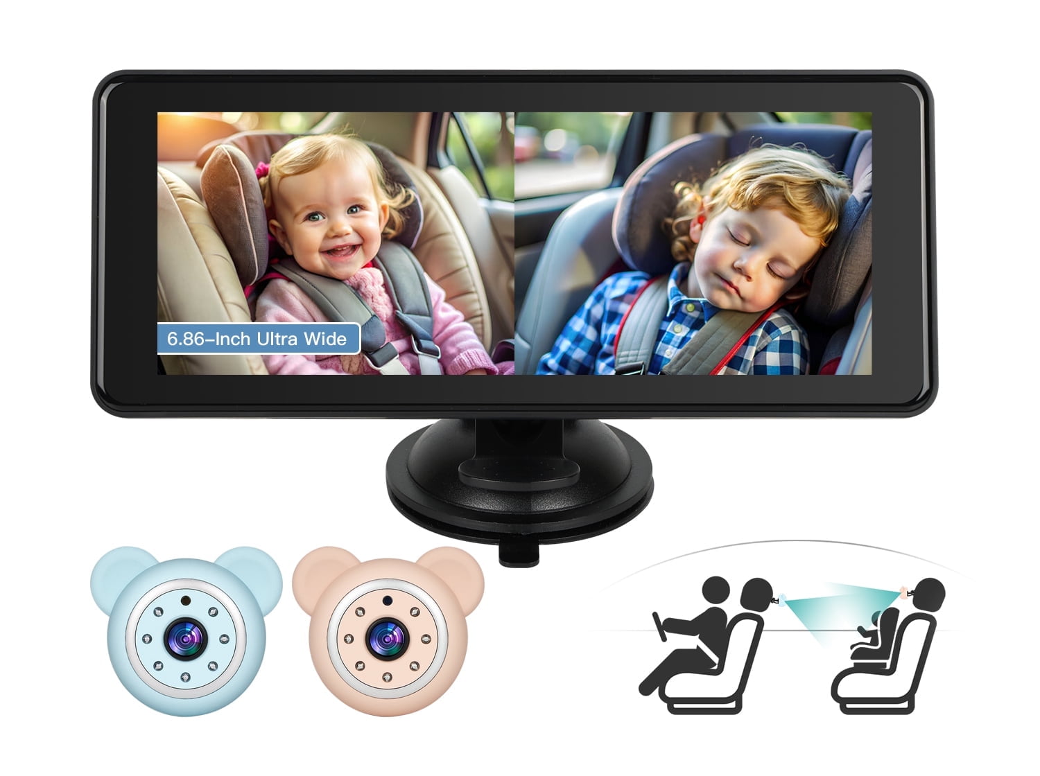 Baby Car Camera for 2 Kids - 6.9-Inch Monitor Easy Setup 360° Rotatable ...