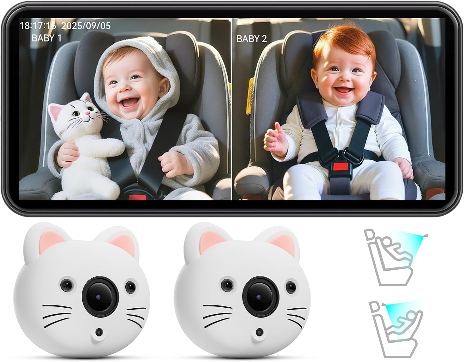 Baby Car Camera for 2 Kids – 7.2” Ultrawide Split-Screen Monitor with ...