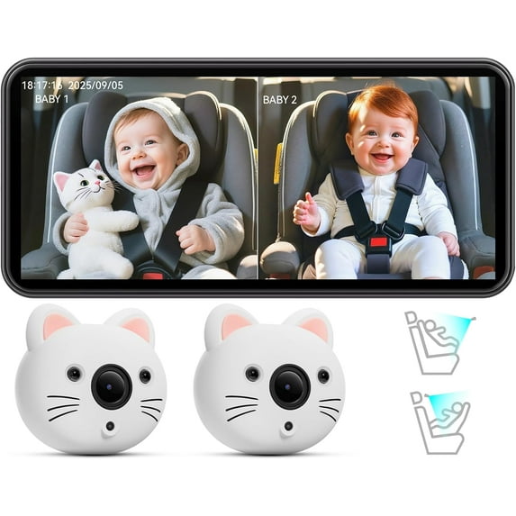 Baby Car Camera for 2 Kids – 7.2” Ultrawide Split-Screen Monitor with ...