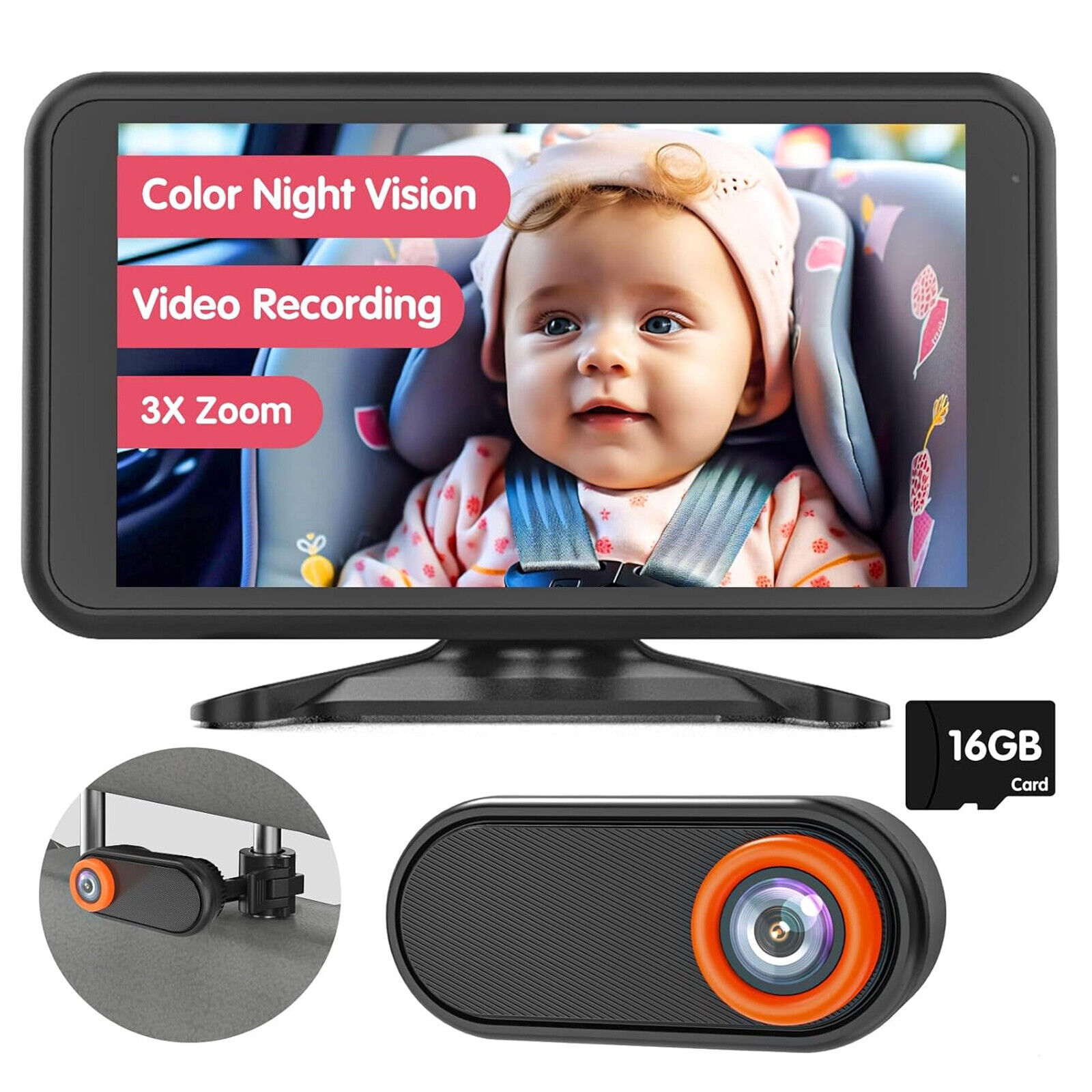 Baby Car Camera 5.2" Monitor Full-Color Night Vision HD Video Recording ...