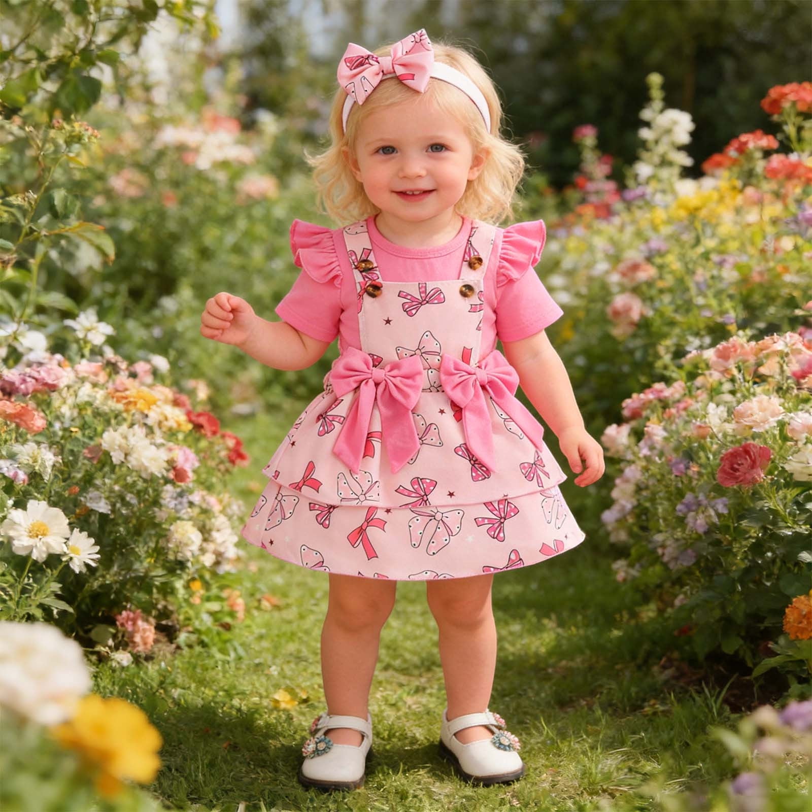Baby Cartoon Bowknot Print Dress For Girls Short Flutter Sleeve ...
