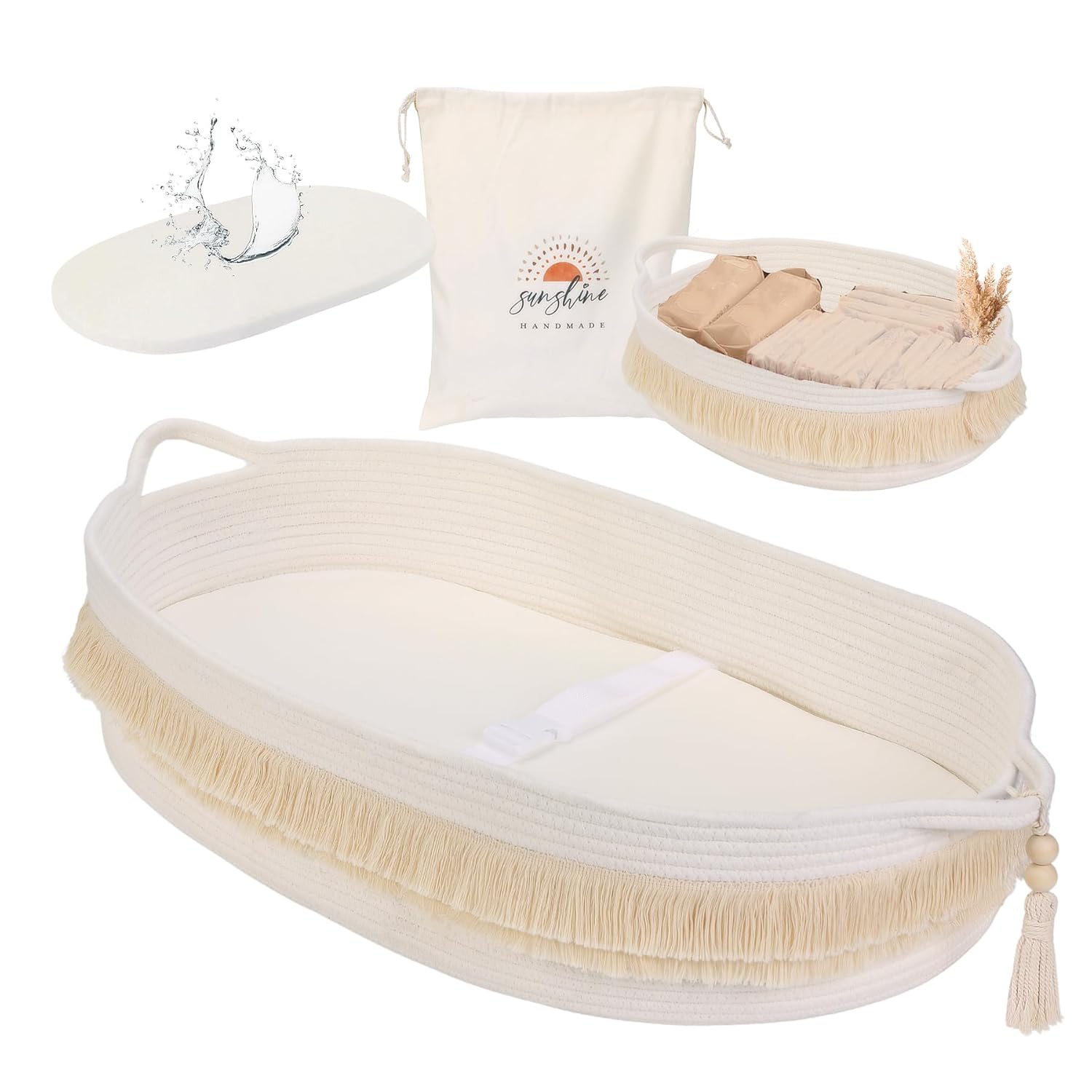 Baby Changing Basket with Pads and Safety Belt- 100% Cotton Boho Baby ...