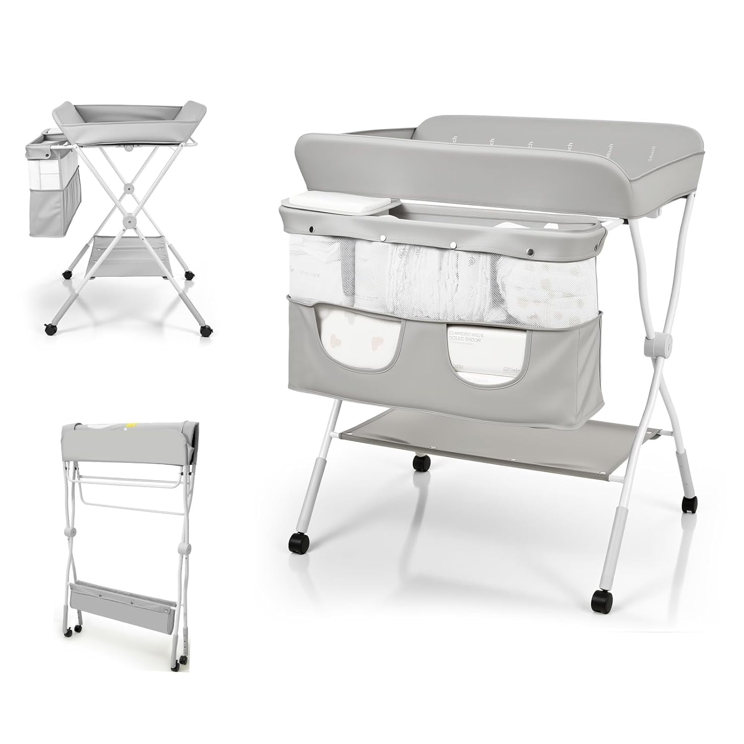 Baby Changing Table with Wheels, 3-Level Adjustable Heights Folding ...