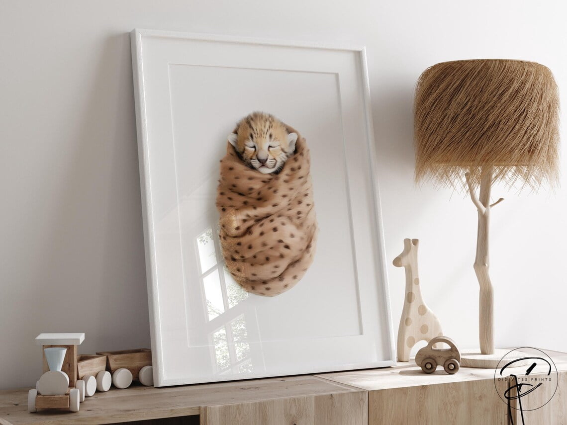 Baby Cheetah Swaddled Nursery Wall Art Print, Safari Nursery Decor ...