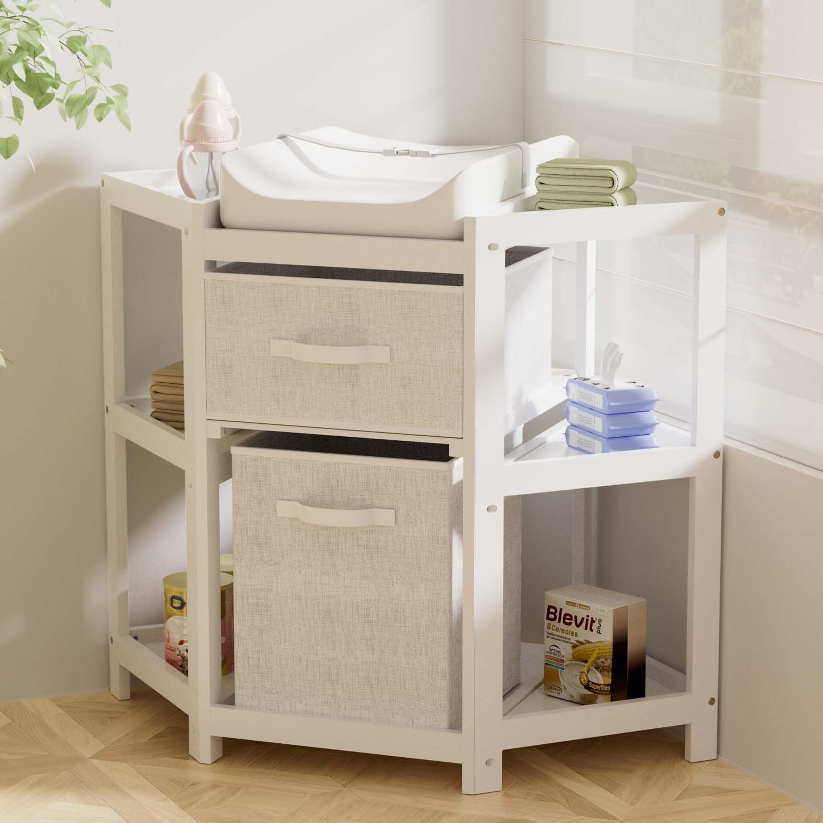 Baby Corner Changing Table with Storage Drawers and Changing Pad ...