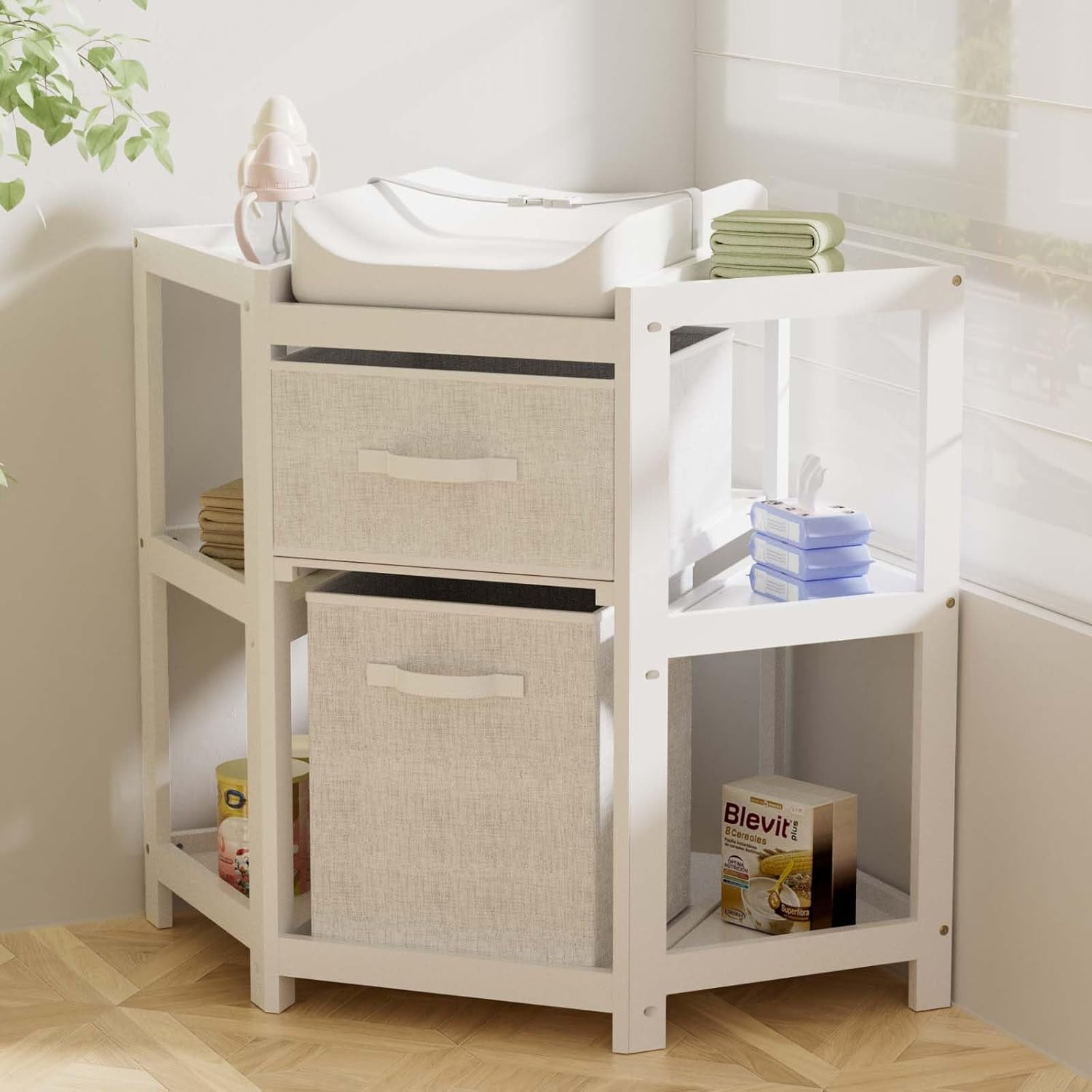 Baby Corner Changing Table with Storage Drawers, Portable Diaper ...