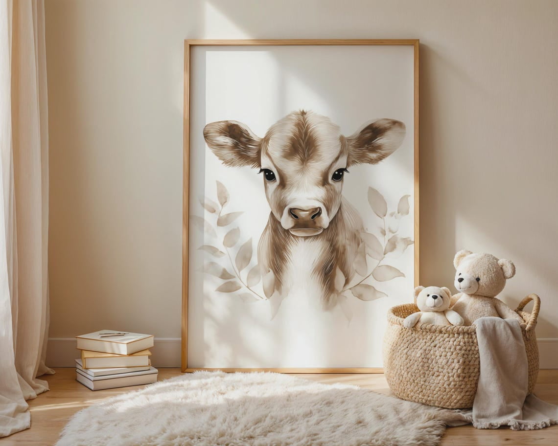 Baby Cow Nursery Print, Whimsical Farm Animal Decor, Unframed Paper ...
