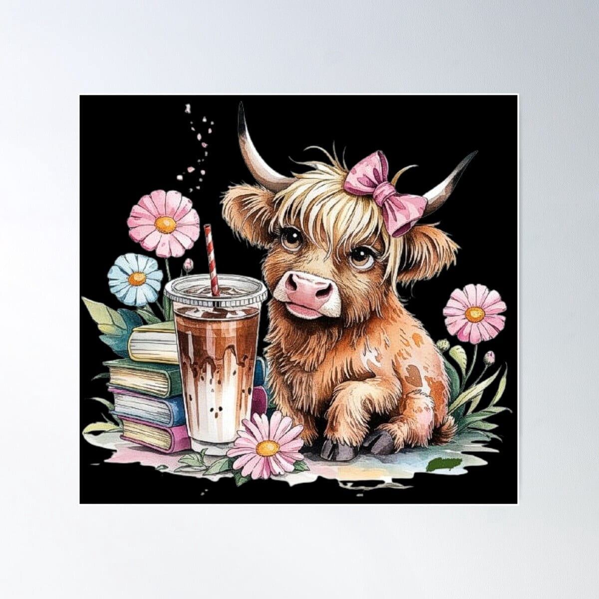 Baby Cow With Iced Coffee And Books Cute Cottagecore Farm Poster Wall ...