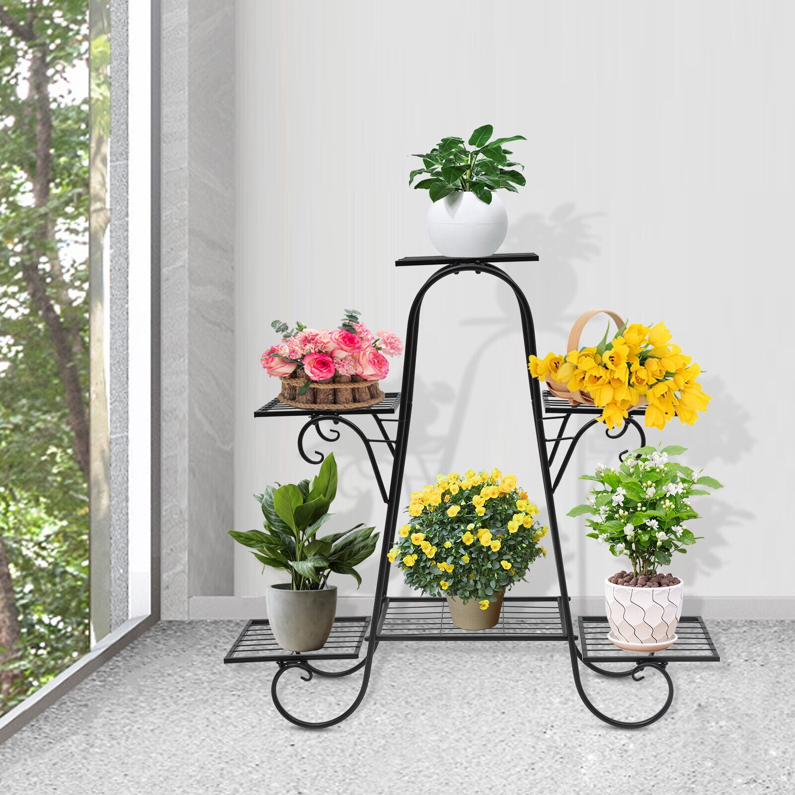 6 Platforms Black Flower Rack Multifunctional Easy Installation Metal ...