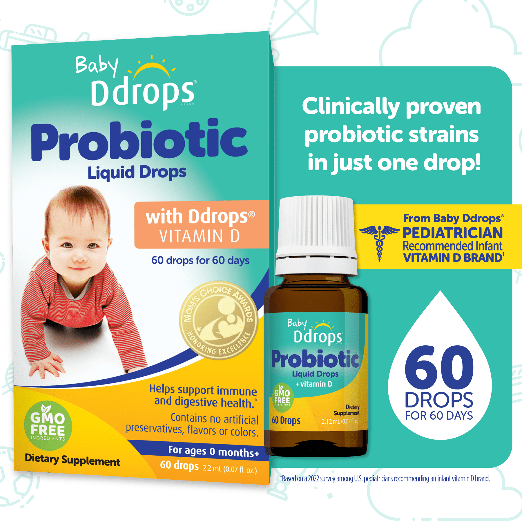 Baby Ddrops Probiotic Liquid Drops with Ddrops Vitamin D, 0.07 fl oz ...