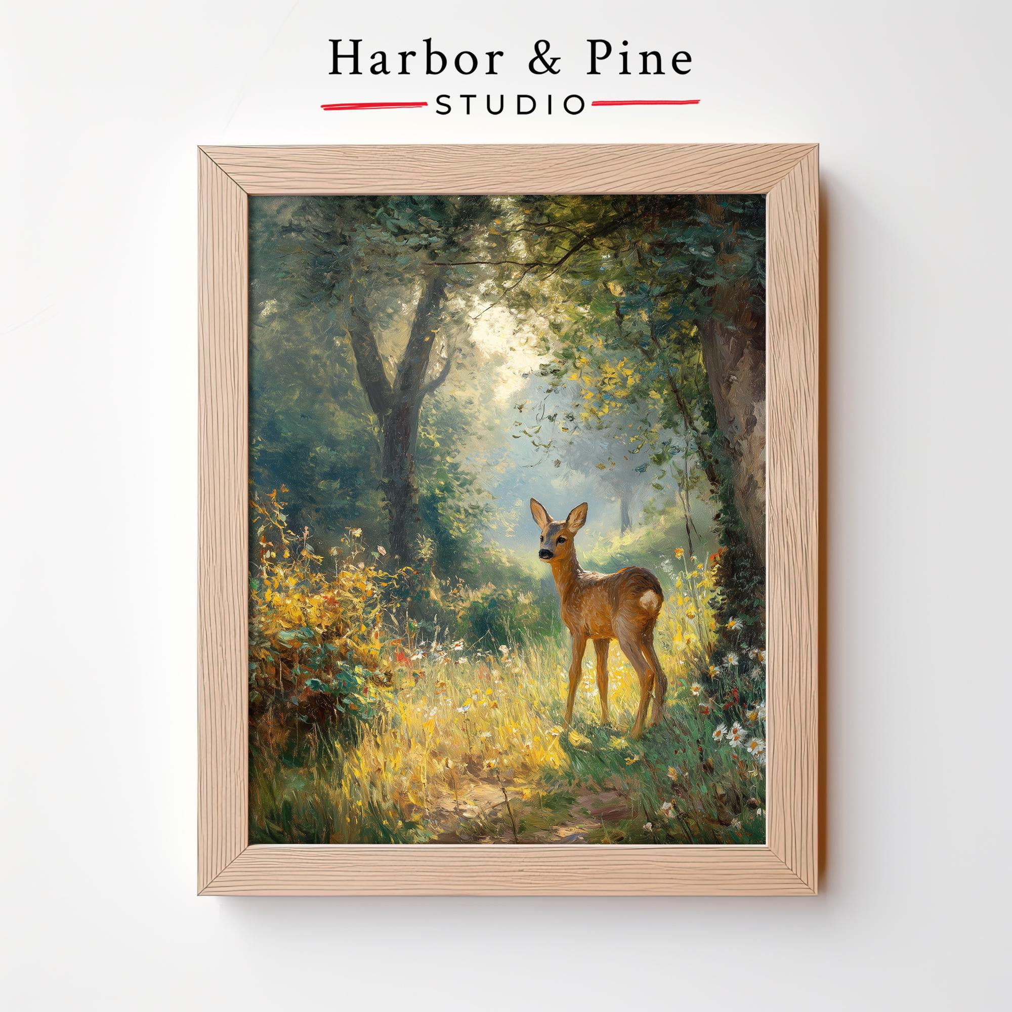 Baby Deer At Forest Edge Wall Art Woodland Fawn Scene In Rustic Oil ...