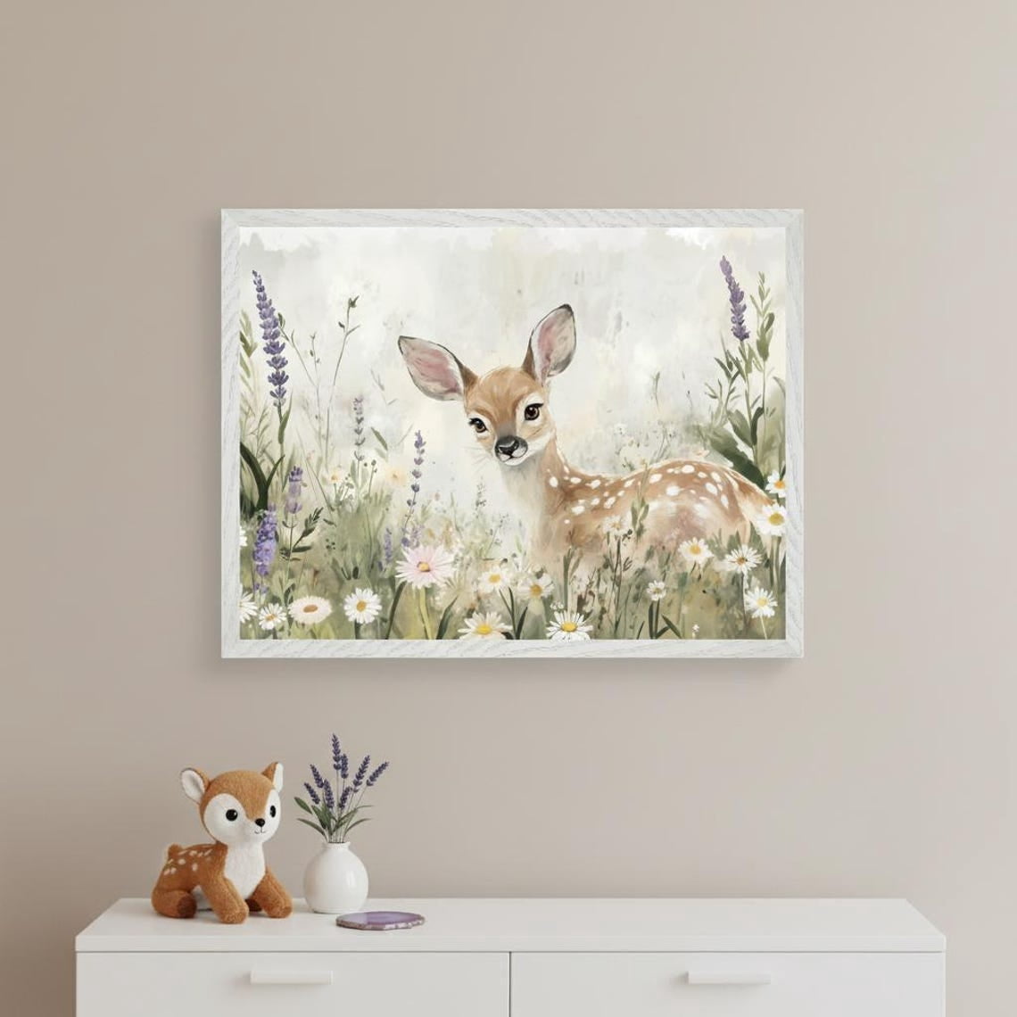 Baby Deer Style Wall Art Woodland Nursery Decor Fawn Wildflower Meadow ...