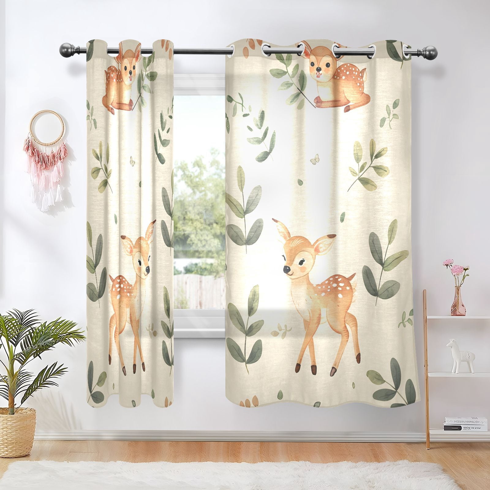 Baby Deer and Green Leaves Blackout Curtains Thermal Insulation 63 inch ...