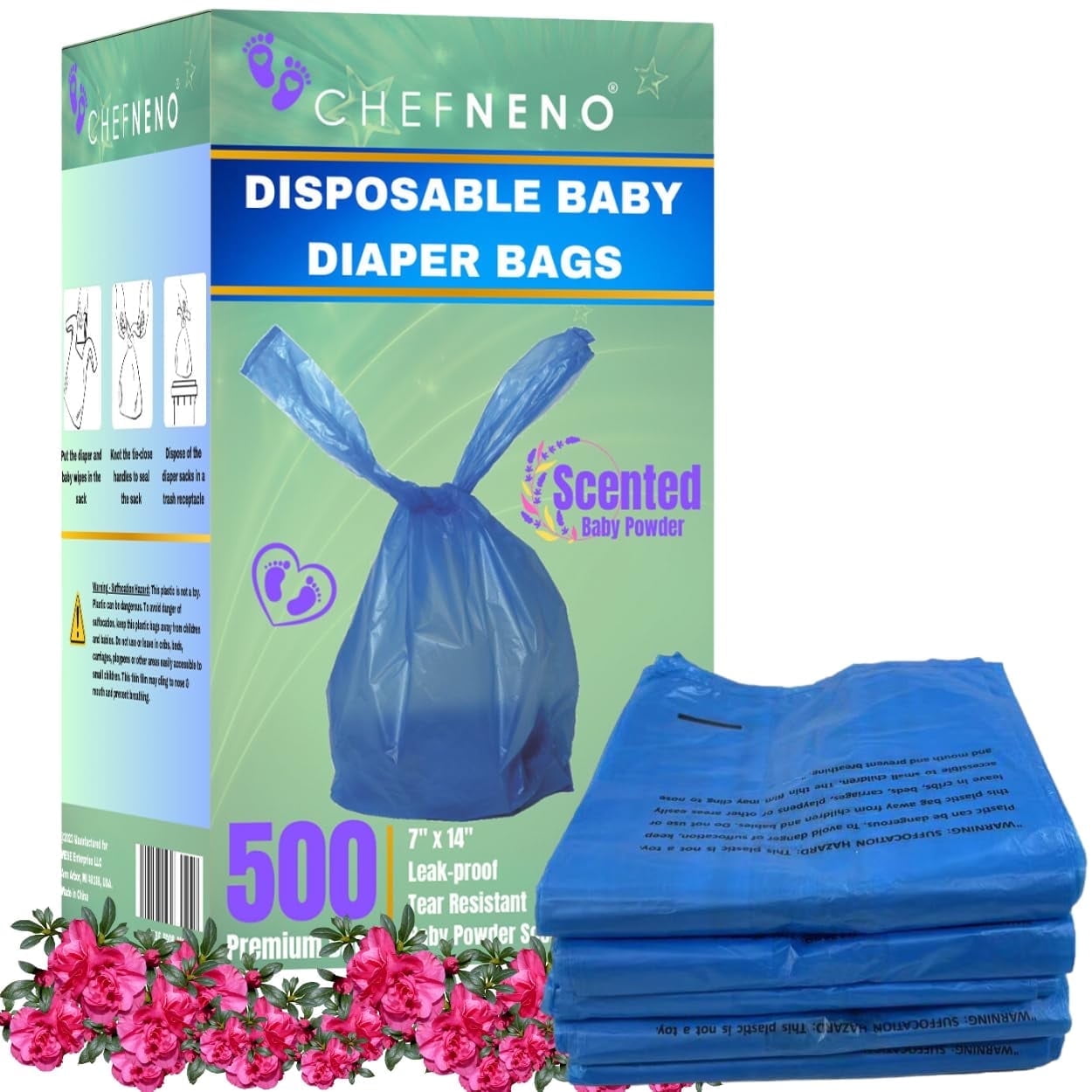 CHEFNENO Baby Diaper Disposal Bags, 500ct, Light Baby Powder Scented ...