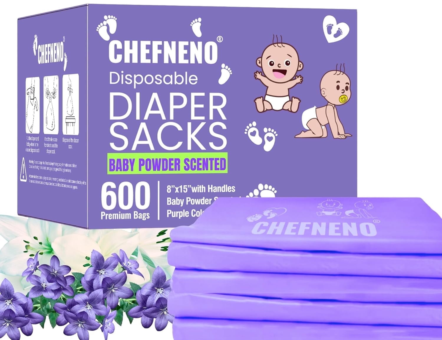 CHEFNENO Baby Diaper Disposal Sacks, 600 ct, Fresh Baby Powder Scented ...