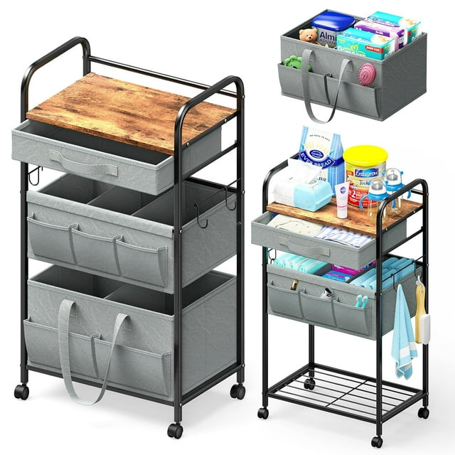 Baby Diaper Caddy Organizer Cart - 3 Tier Metal Rolling Utility Cart ...