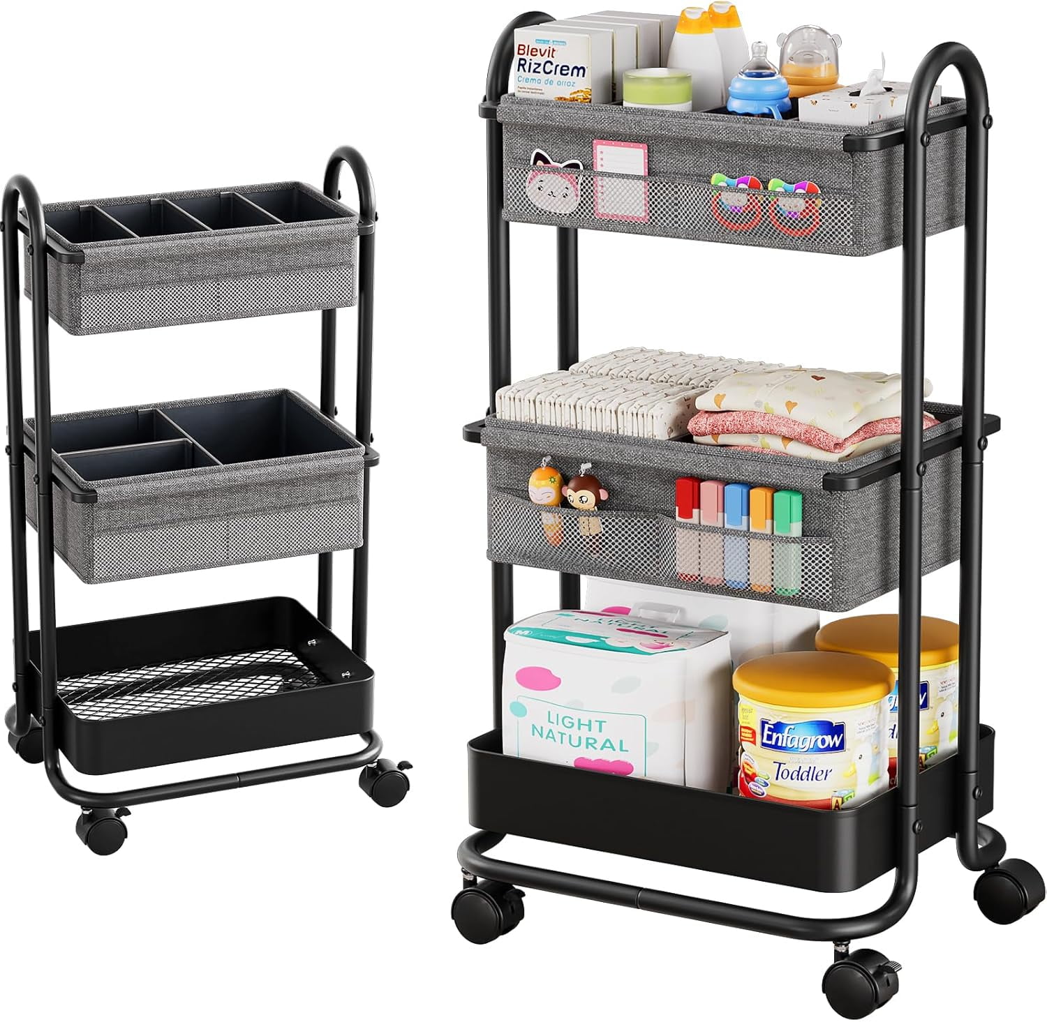 Baby Diaper Caddy Organizer Cart - 3 Tier Rolling Storage Cart with ...