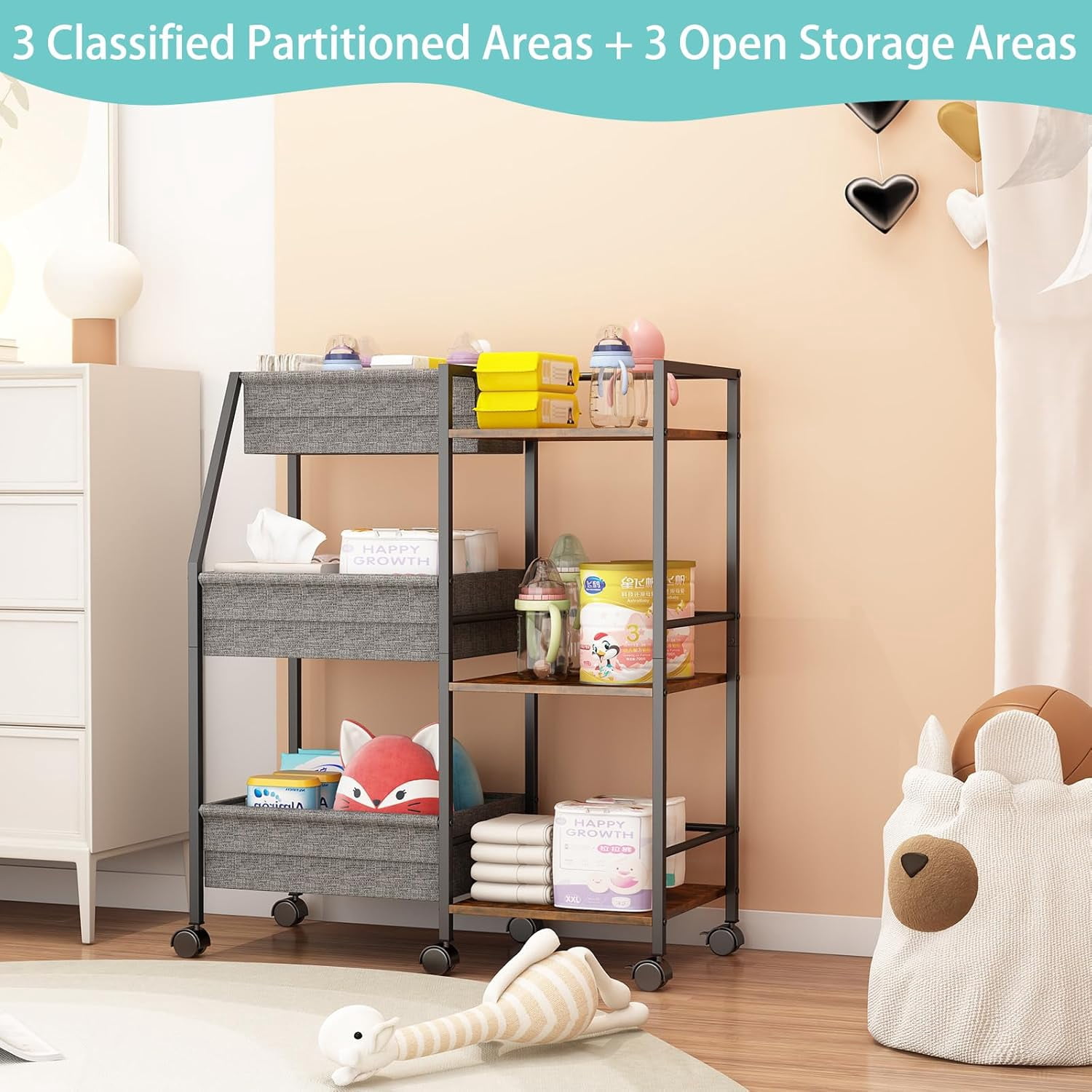 Baby Diaper Caddy Organizer Cart, 3-Tier Rolling Storage with Dividers ...