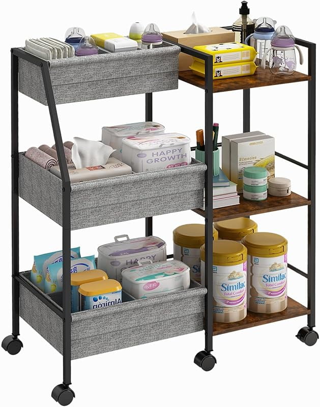 Baby Diaper Caddy Organizer Cart, 3-Tier Rolling Wheels Cart with ...