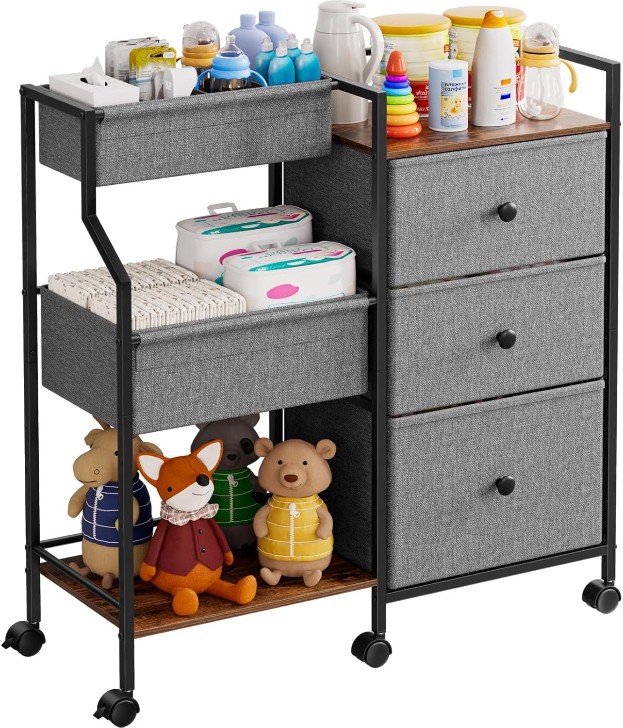 Baby Diaper Organizer and Storage Cart - 3 Tiers with Dividers and ...