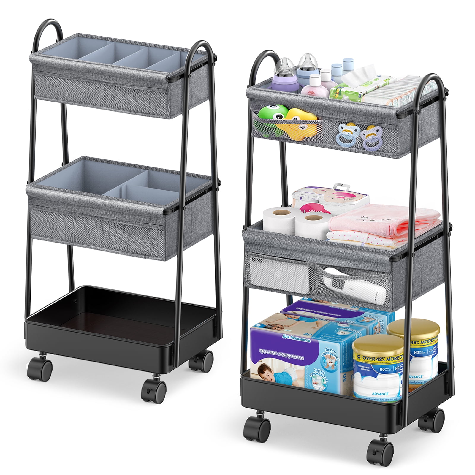 Pulatree 3 Tier Rolling Nursery Storage Organizer, Metal, Black ...