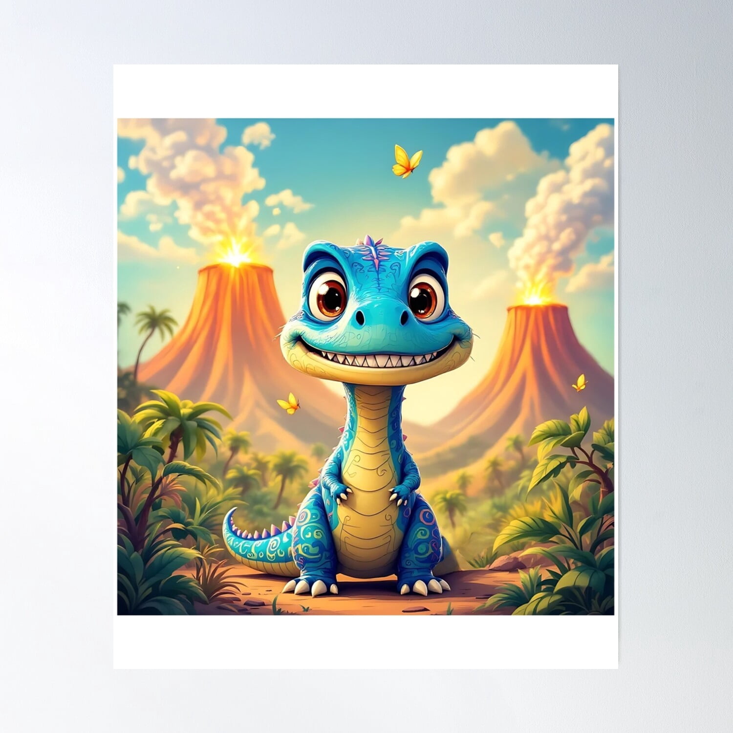 Baby Dinosaur Between Volcanoes Poster Wall Art, Modern Wall Decor ...